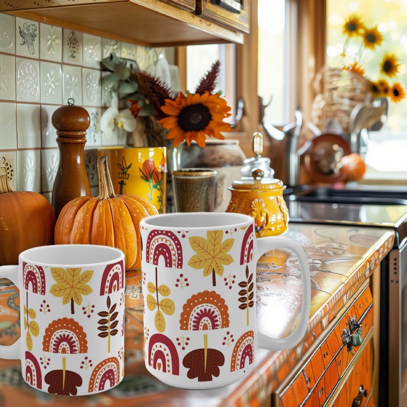 Fall Pattern Mug Autumn Leaves & Rainbows in 2 Sizes, Autumn Coffee ...