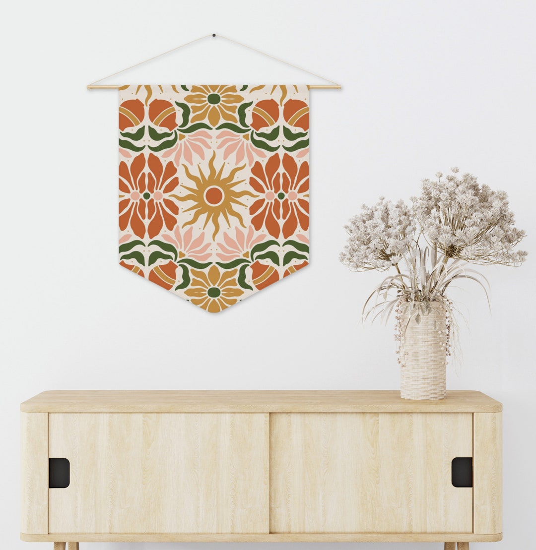 Bohemian Floral & Sun Retro Pattern Wall Art - Ready-to-hang Pennant ...