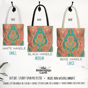 Boho Tote Bag Pink Turquoise Henna Mandala Pattern in 3 Sizes & 3 ...
