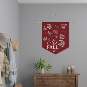 Hello Fall Pennant Flag in Maroon Orange or Forest Green With Wooden ...