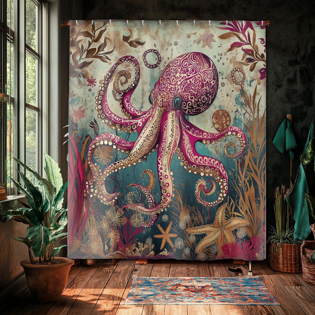 Octopus Shower Curtain Bath Mat - Boho Henna Pink Underwater Nautical ...
