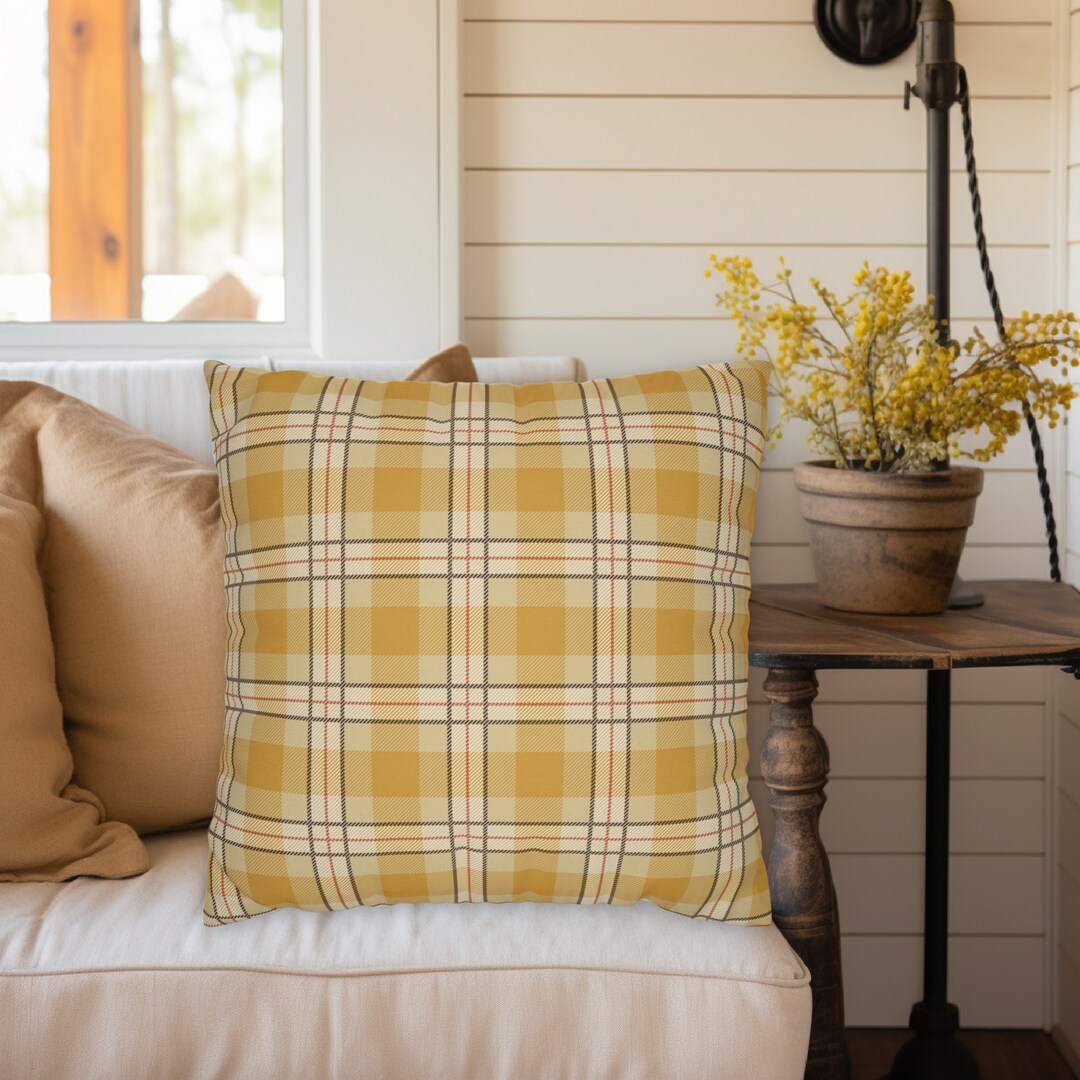 YELLOW FALL PLAID Pattern Square Throw Pillow Cover, Autumn Accent ...