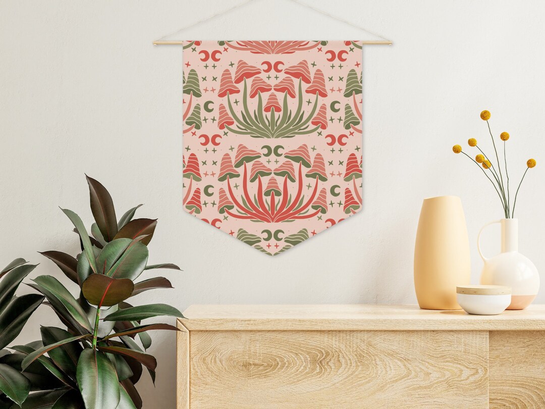 Pink Mushroom Wall Pennant Flag Hanging With Wooden Dowel, Boho ...
