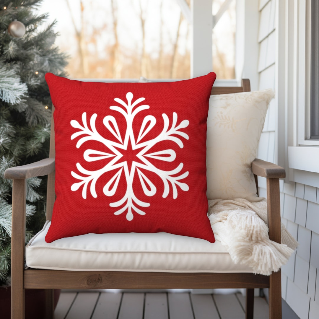 Red Snowflake Pillow Winter Holiday Red White Throw Pillow, Large ...