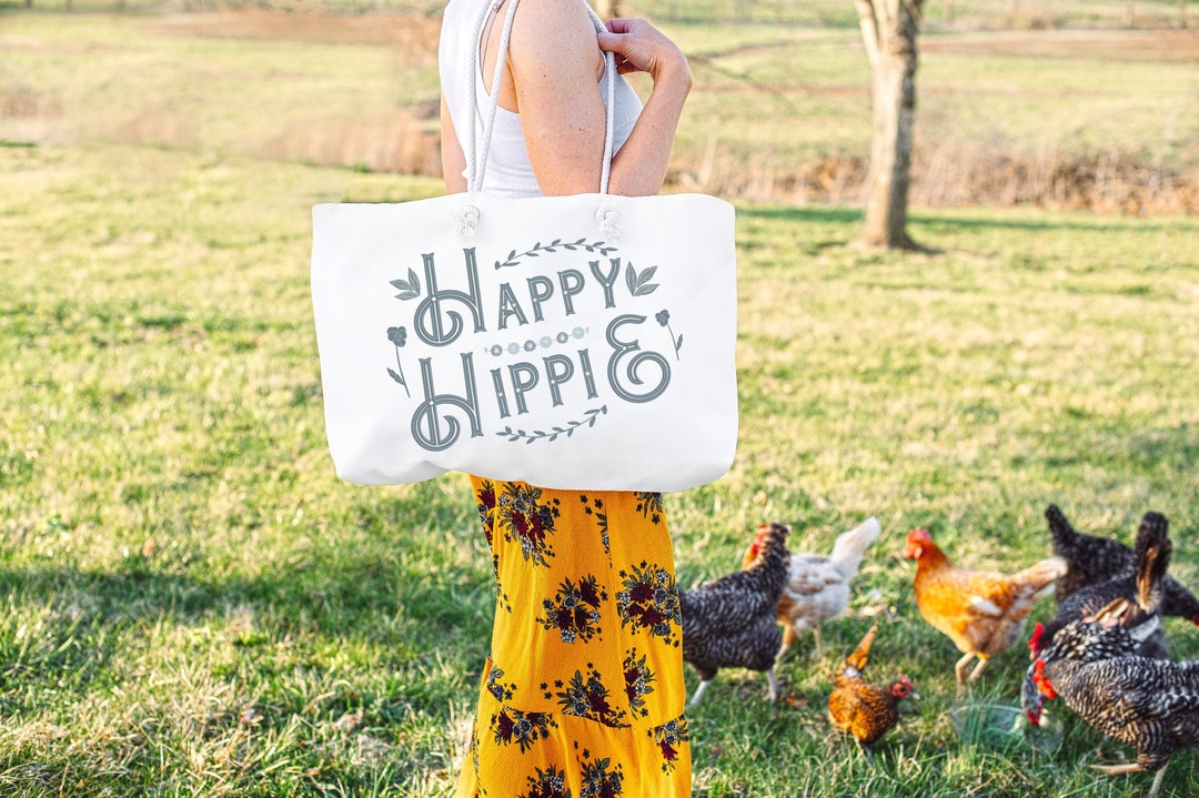 Happy Hippie Tote Bag in 8 Colors With Rope Handles & Laminated Lining ...