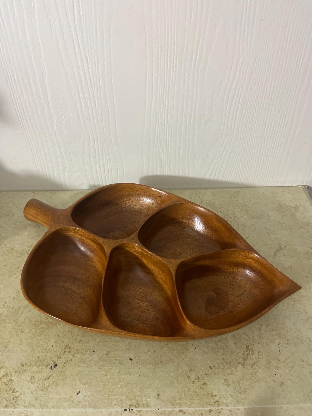 Mid Century Curved Leaf Monkey Pod Wood Serving Dish Chips Dip Dish ...