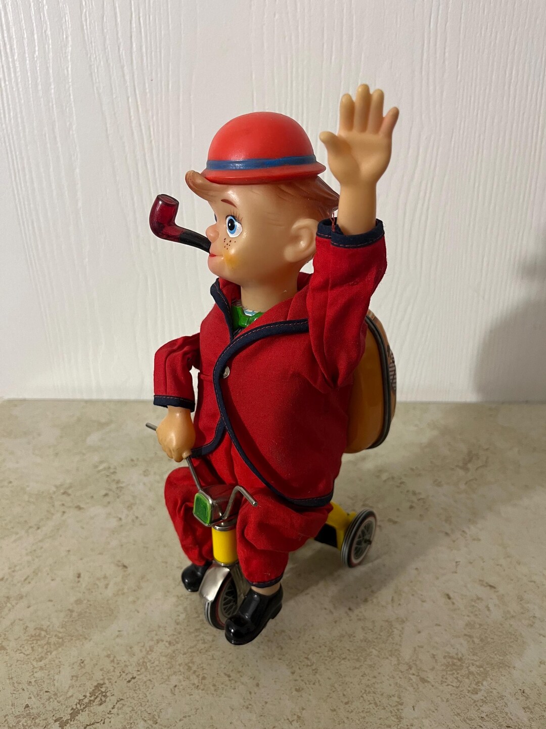 Vintage Tin Litho Boy on Tricycle With Tabacco Pipe and Backpack 10 ...
