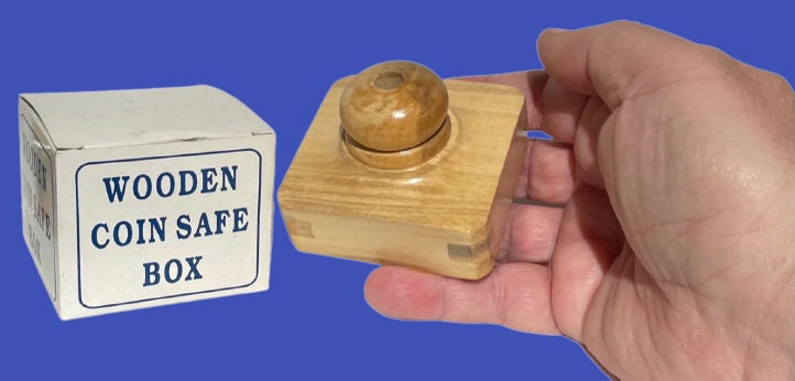 Vintage Wooden COIN SAFE BOX Wood Puzzle Magic Trick Pen Holder Joke ...