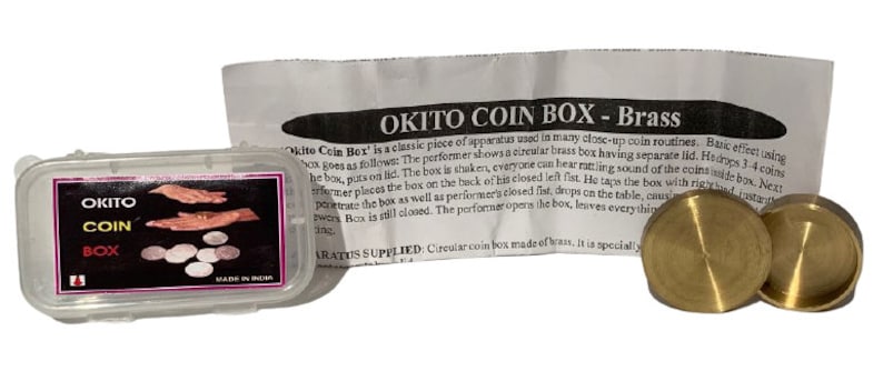 Vintage Deluxe Brass OKITO COIN BOX Magic Trick Penetrate Thru Hand Table Close up Half Dollars ...