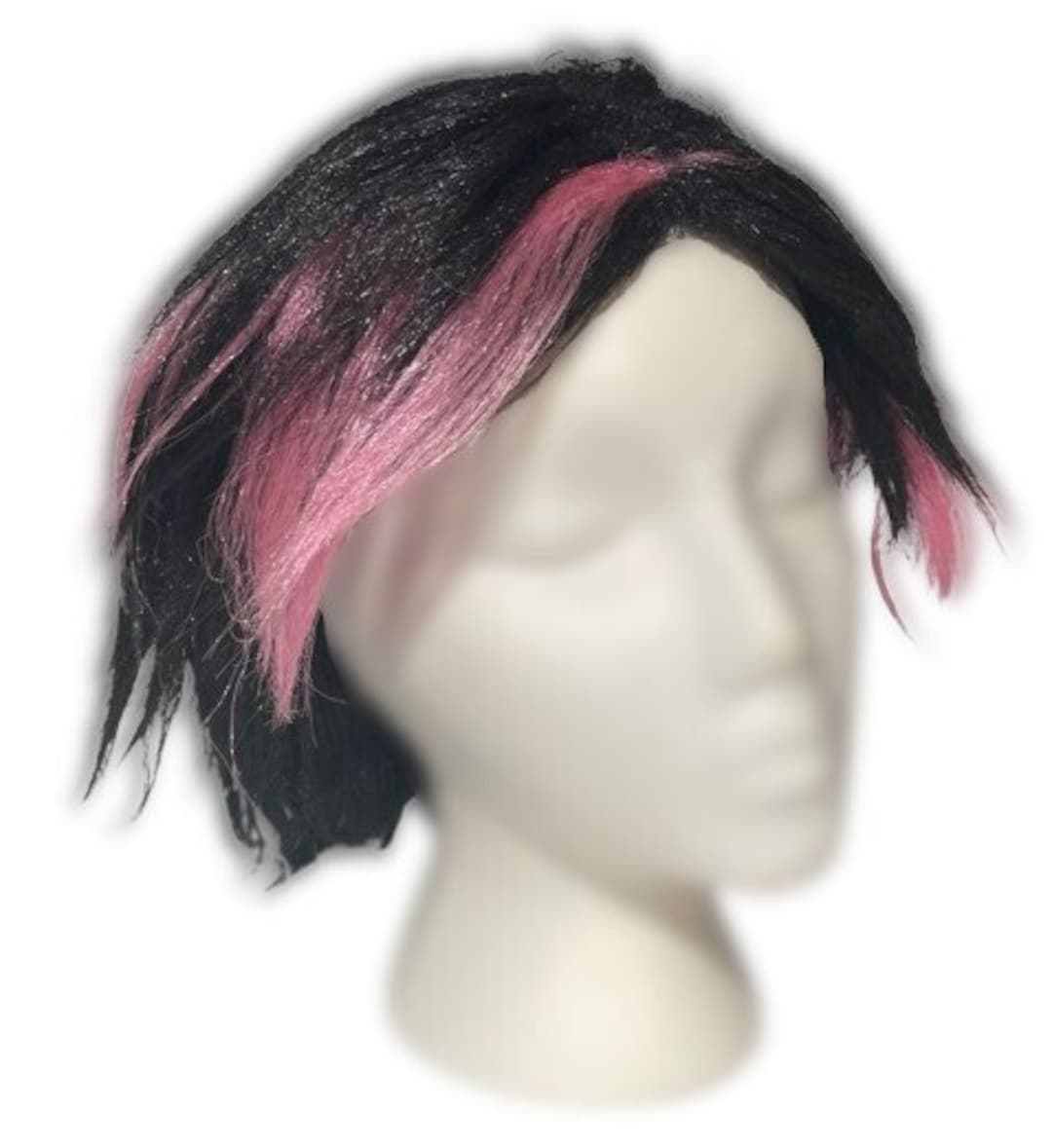 Vintage BLACK PUNK WIG Pink Highlights Costume Flip Hair Goth Rock ...