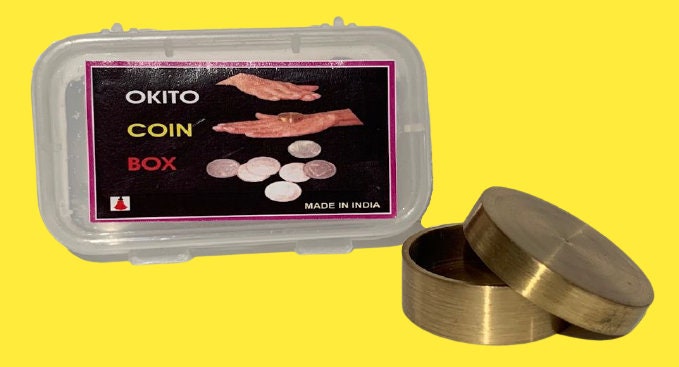 Vintage Deluxe Brass OKITO COIN BOX Magic Trick Penetrate Thru Hand Table Close up Half Dollars ...