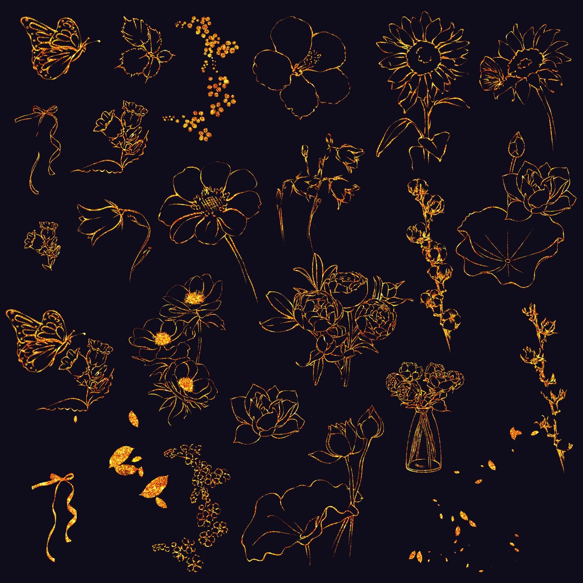 Clipart Gold Flowers and Frames Gold Foil Flowers Pictures | Etsy