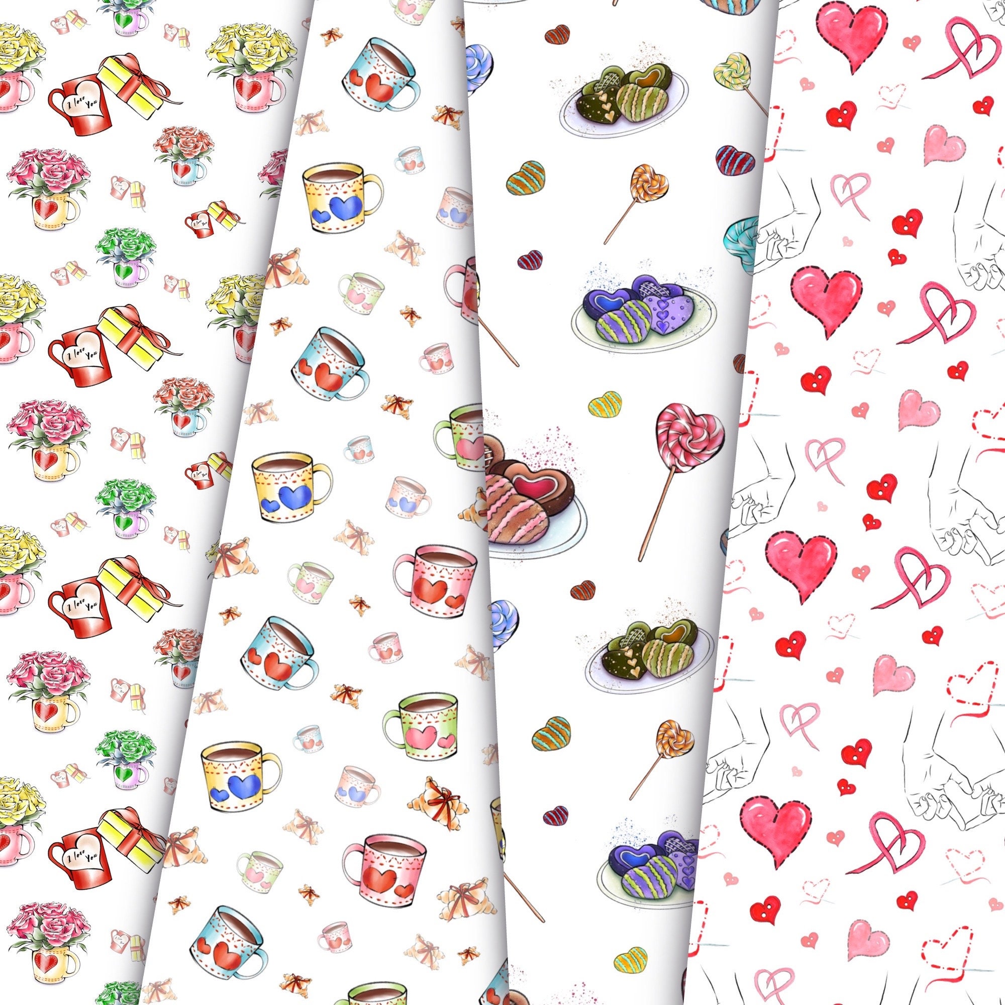 Seamless Patterns Valentine's Day Watercolor Print Set February 14 Gift ...