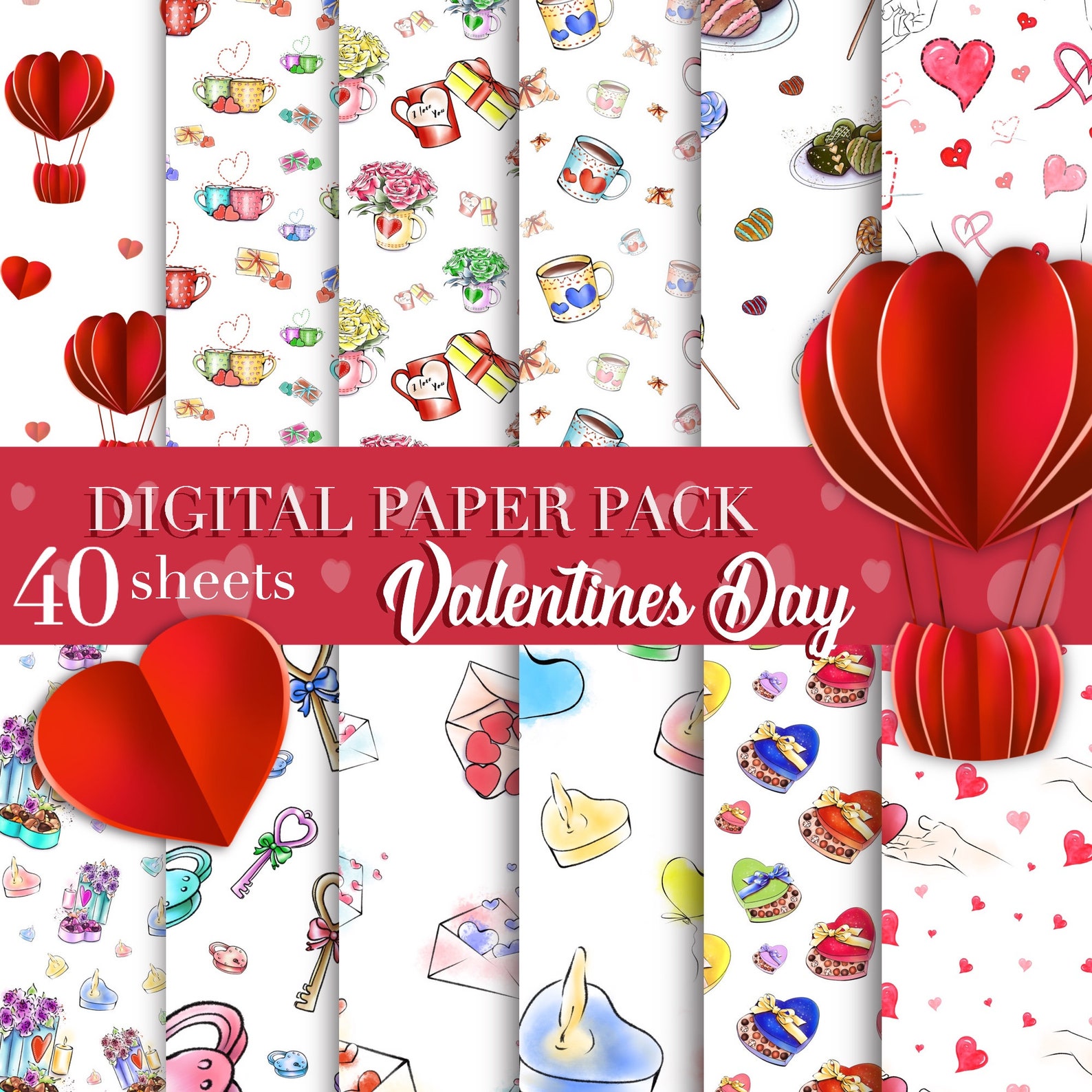 Seamless Patterns Valentine's Day Watercolor Print Set February 14 Gift ...