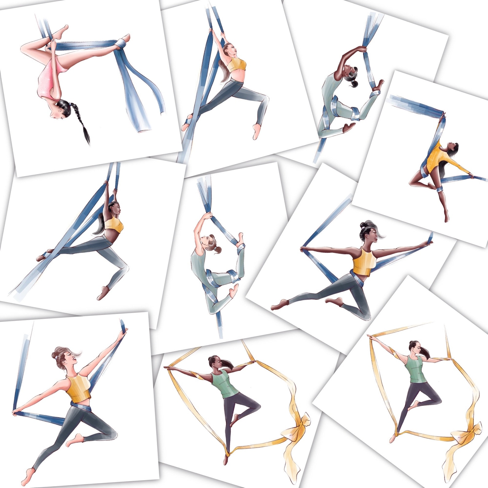 Aerial Gymnastics Clipart Girls on Ropes in the Air Different Poses ...