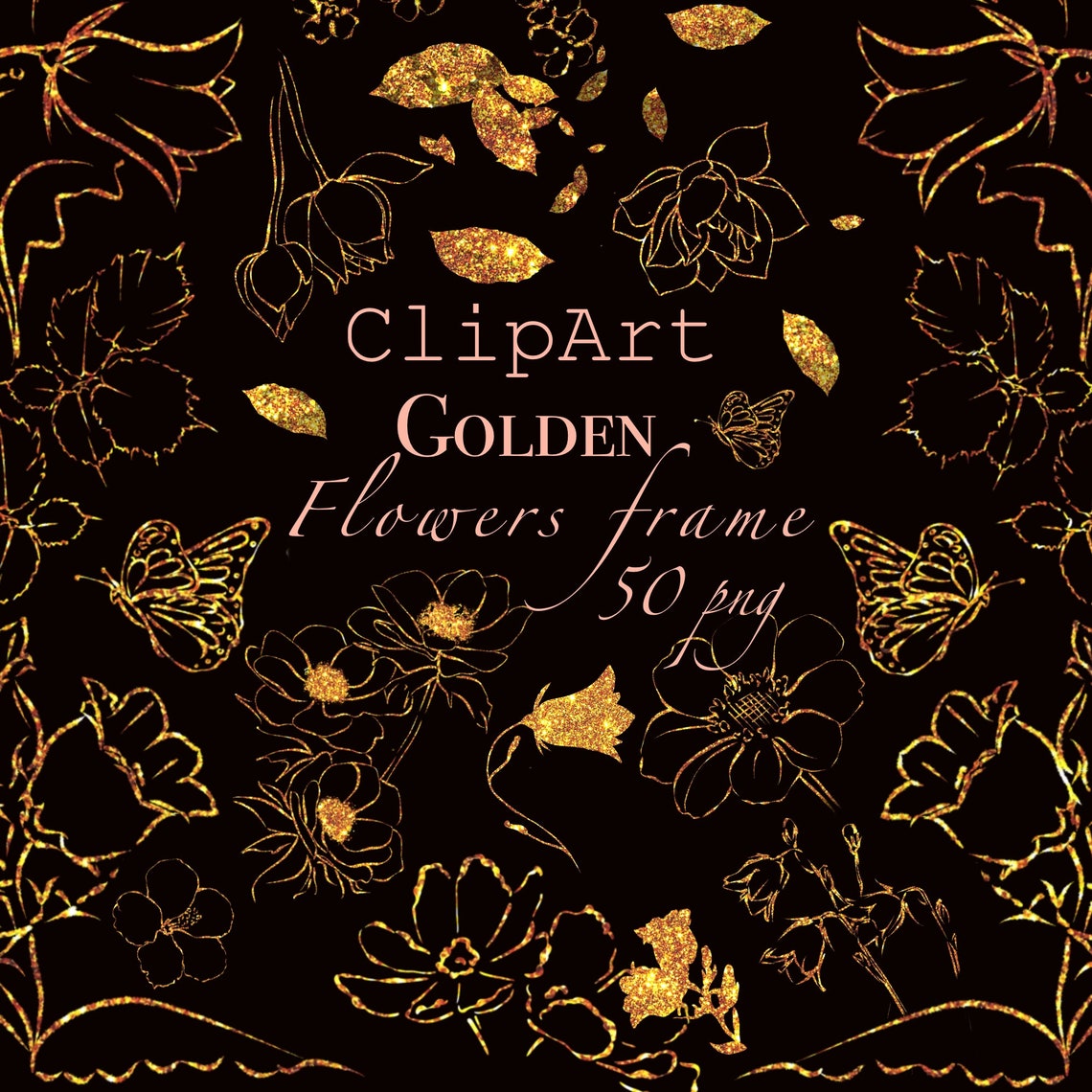 Clipart Gold Flowers and Frames Gold Foil Flowers Pictures | Etsy