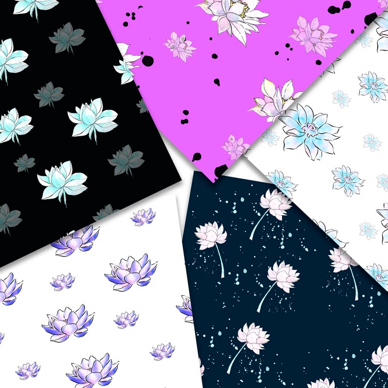 Digital Lotus Paper Pack, Patterns Watercolor Flowers Yoga Repeatable ...