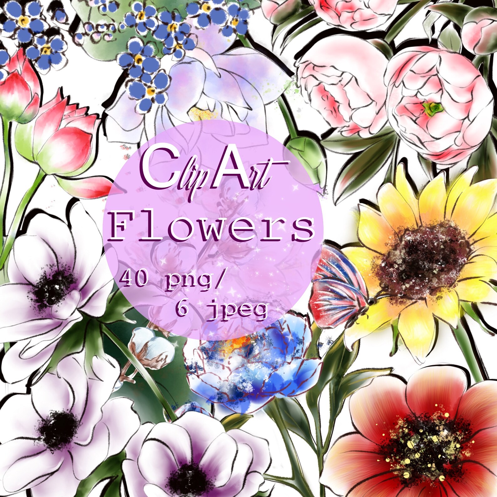 Bright Watercolor Floral Clipart, Summer Flowers, Bouquets, Wreath ...