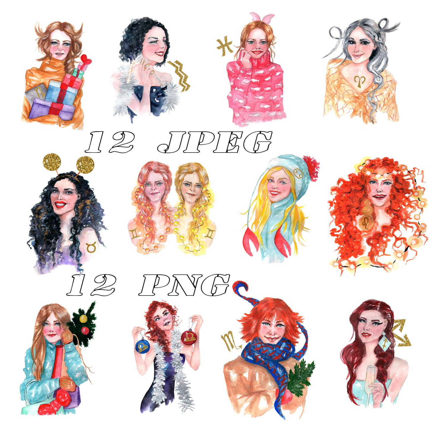 Buy Watercolor Clip Art Zodiac Sign Girls, Illustration Capricorn ...