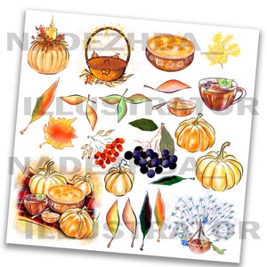 Art Pumpkins Fall Acorns Leaves, Berries Watercolor Clipart Set, Autumn ...