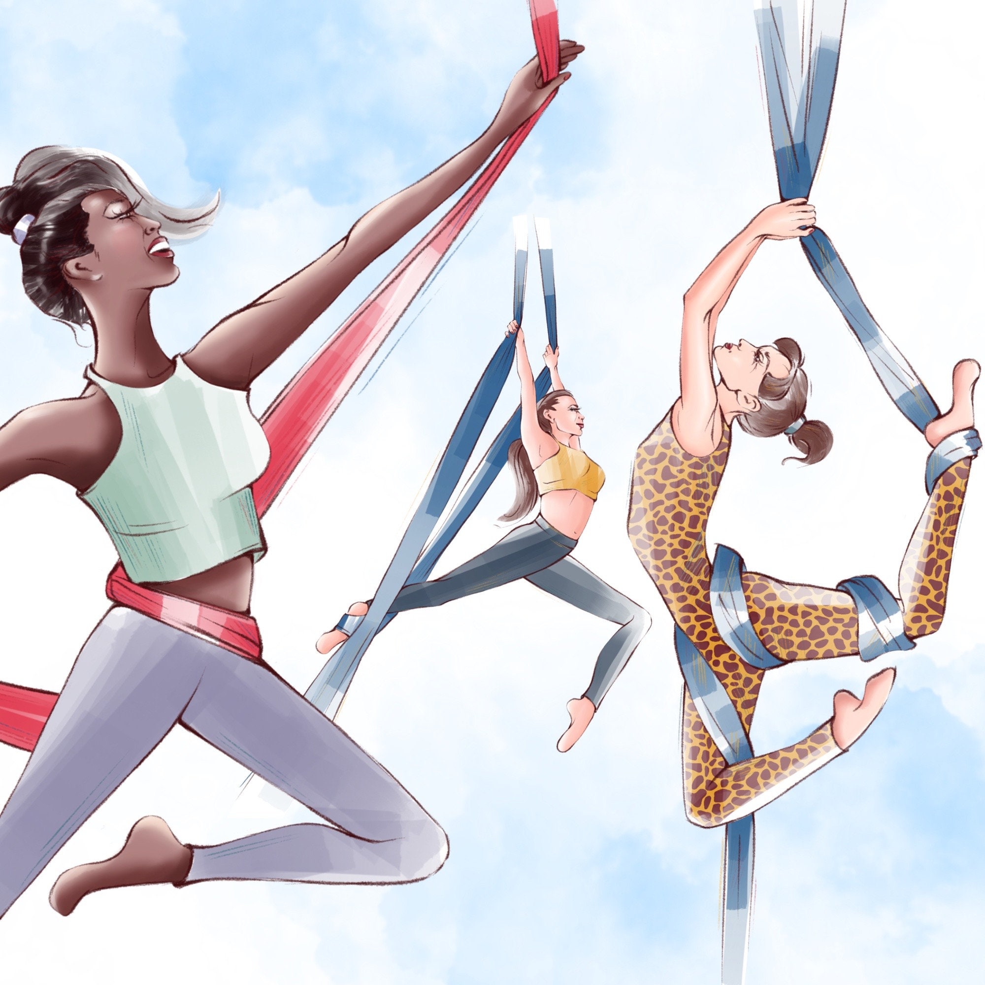 Aerial Gymnastics Clipart Girls on Ropes in the Air Different Poses ...