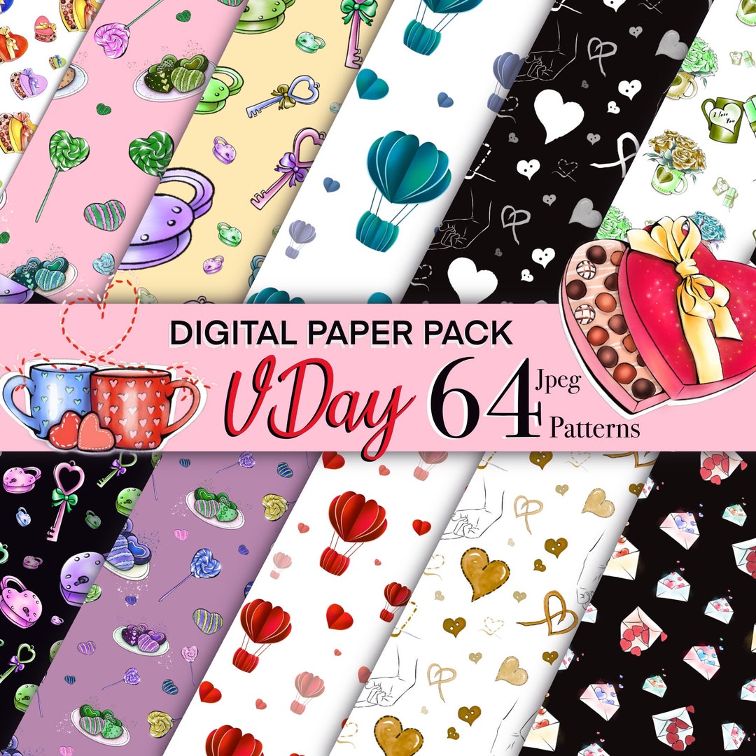 Digital Seamless Patterns Valentines Day Watercolor Print Set February ...