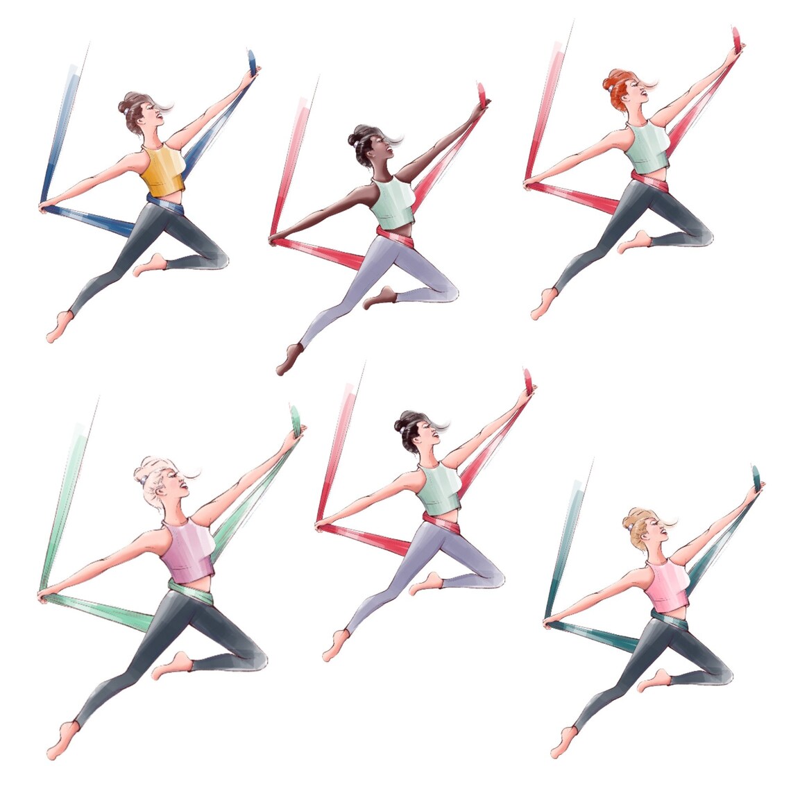 Aerial Gymnastics Clipart Girls on Ropes in the Air Different Poses ...