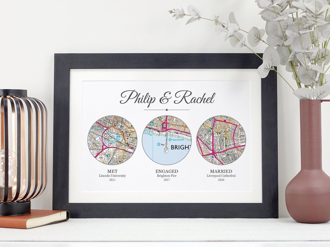 Personalised Met Engaged Married Map Print | Custom Three-location Map ...