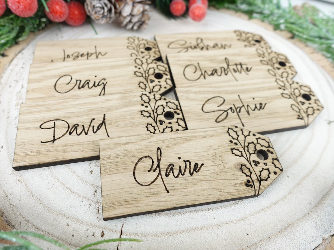 Wooden Table Place Names | Winter Holly Place Setting for Wedding or ...
