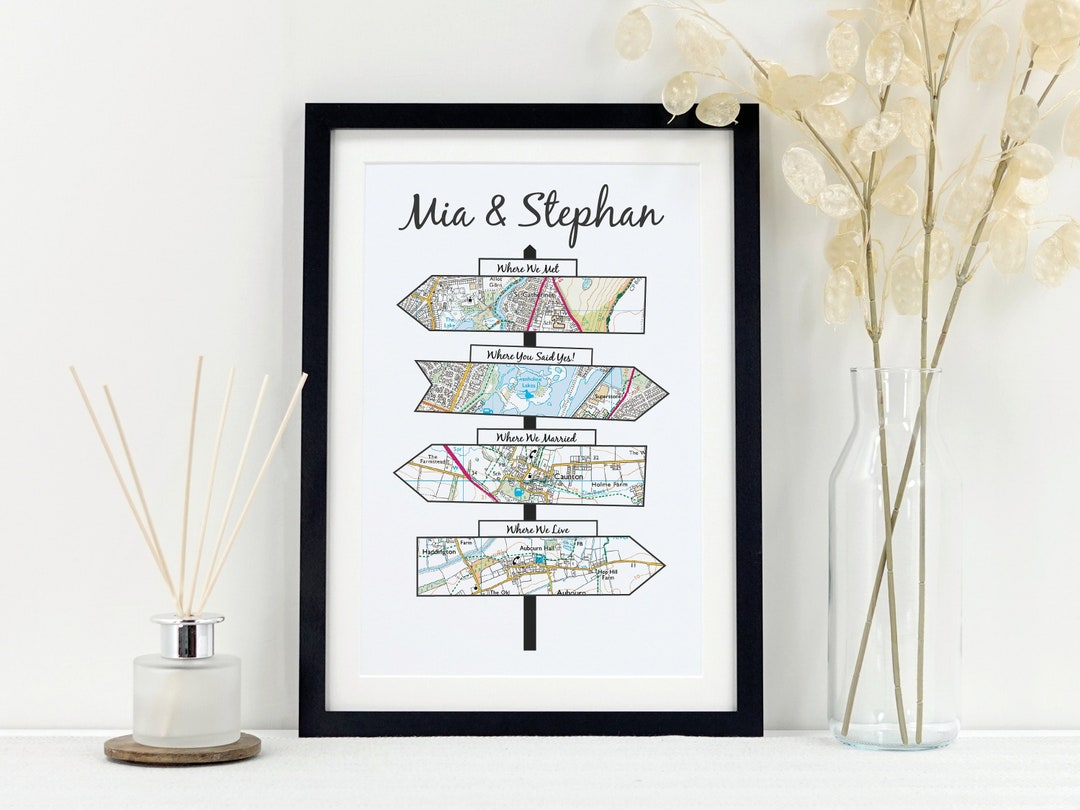Personalised Signpost Map Print | Custom Met Engaged Married Gift ...