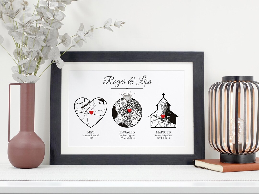 Met Engaged Married Map Print | Personalised Wedding Anniversary Gift ...