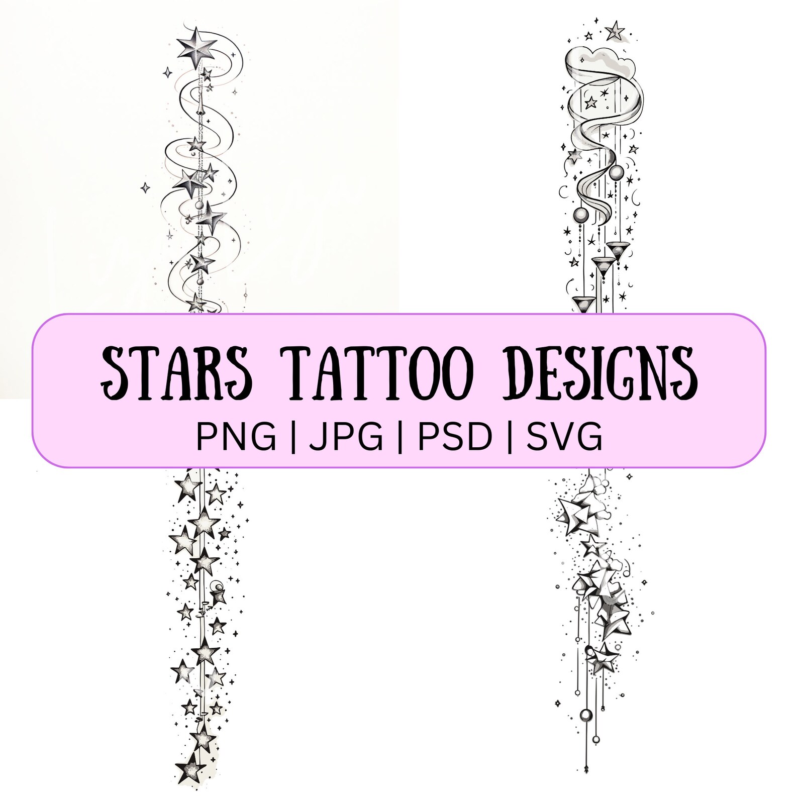 Stars Tattoo Design | Digital Vertical Back Tattoo Designs, Set of 4 ...
