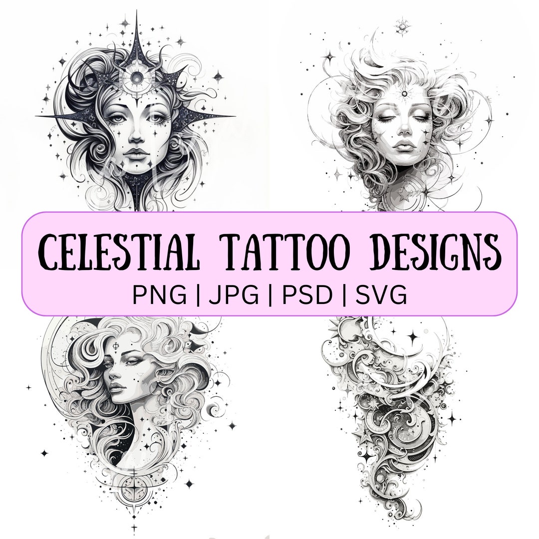 Celestial Tattoo Design B | Digital Back Tattoo Designs, Set of 4, Svg ...