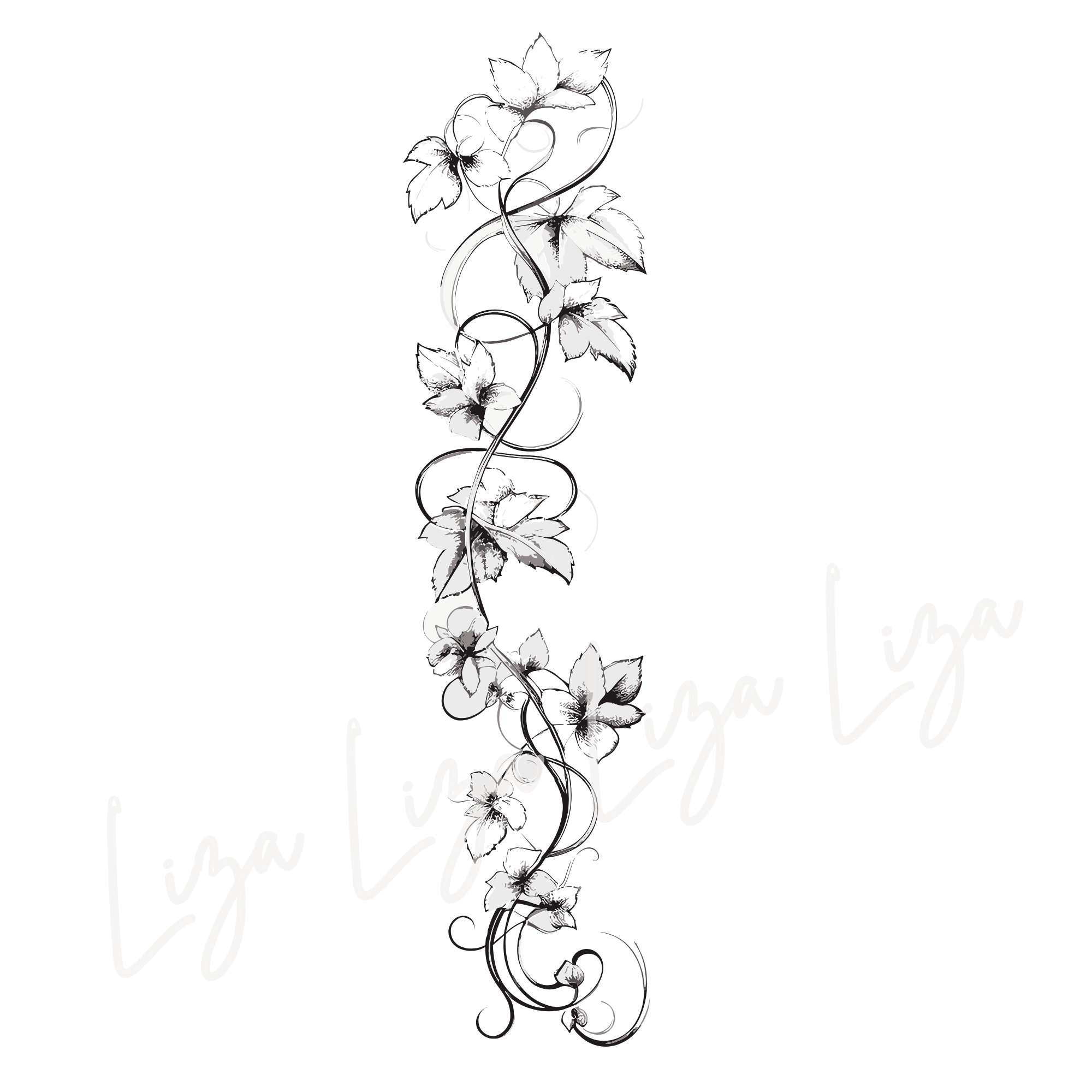 Floral Vines Tattoo Design | Digital Vertical Back Tattoo Designs, Set ...