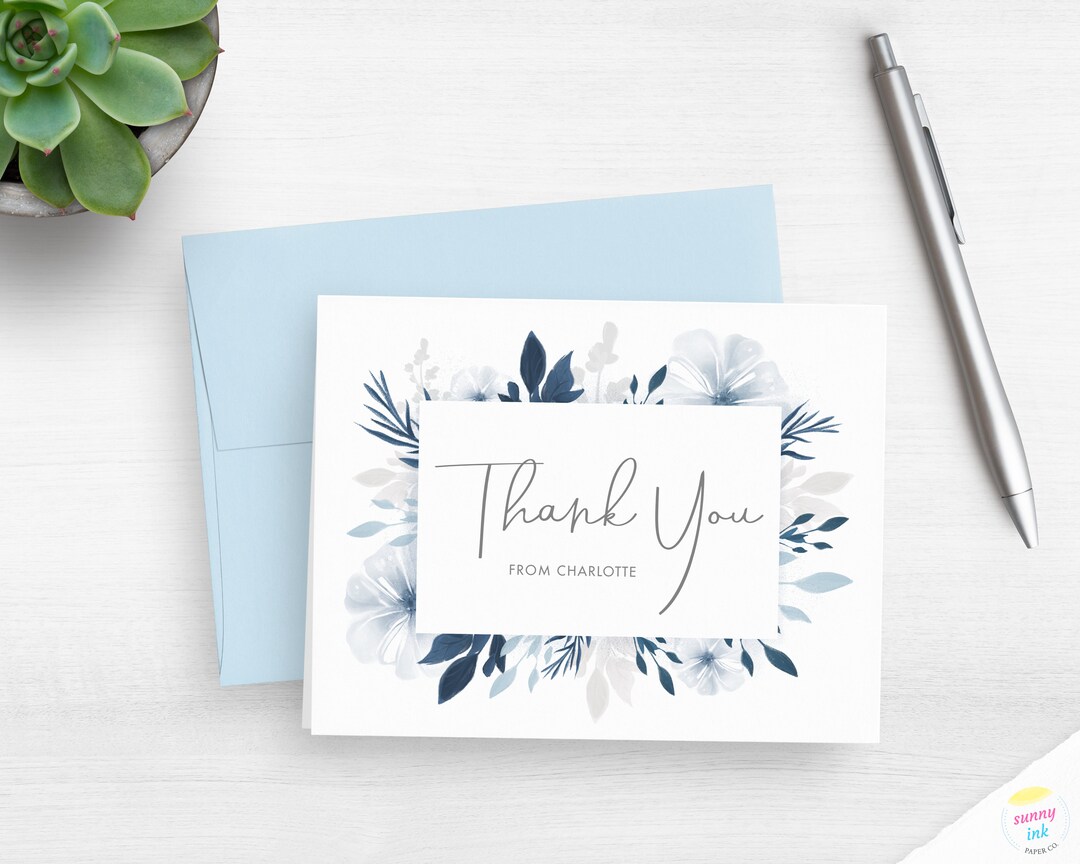 Custom Thank You Notes - Blue Floral Thank You Cards - Personalized ...