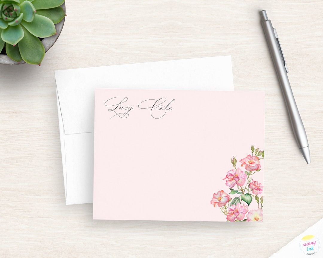 Pink Roses Note Card Set Personalized Pretty Custom Flat - Etsy
