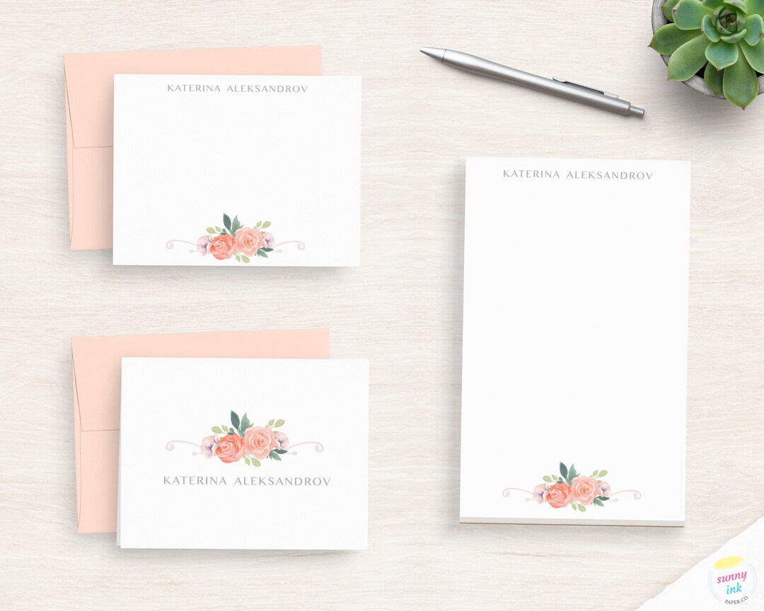 Personalized Women's Stationary Set - Pink Rose Flower Stationery Set ...