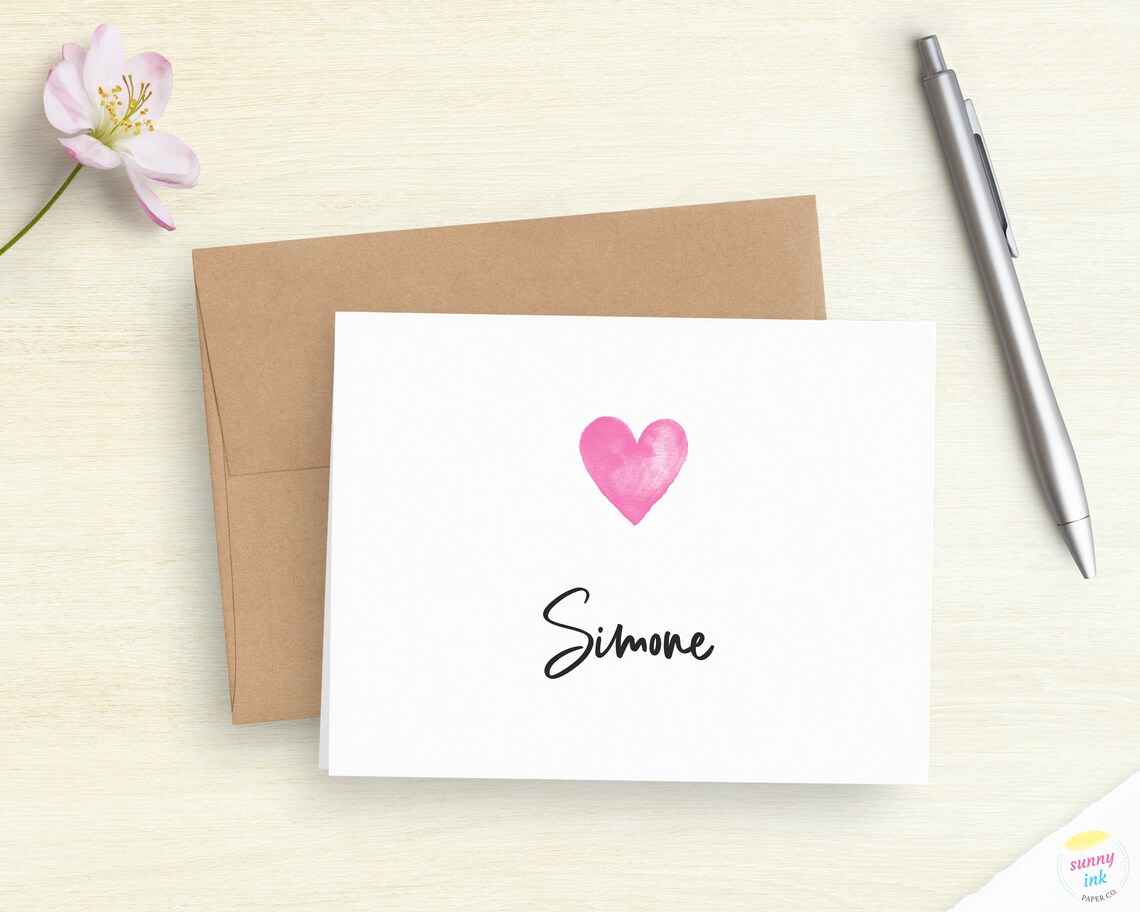 Personalized Note Card Set Girl's Lovely Heart Folded | Etsy