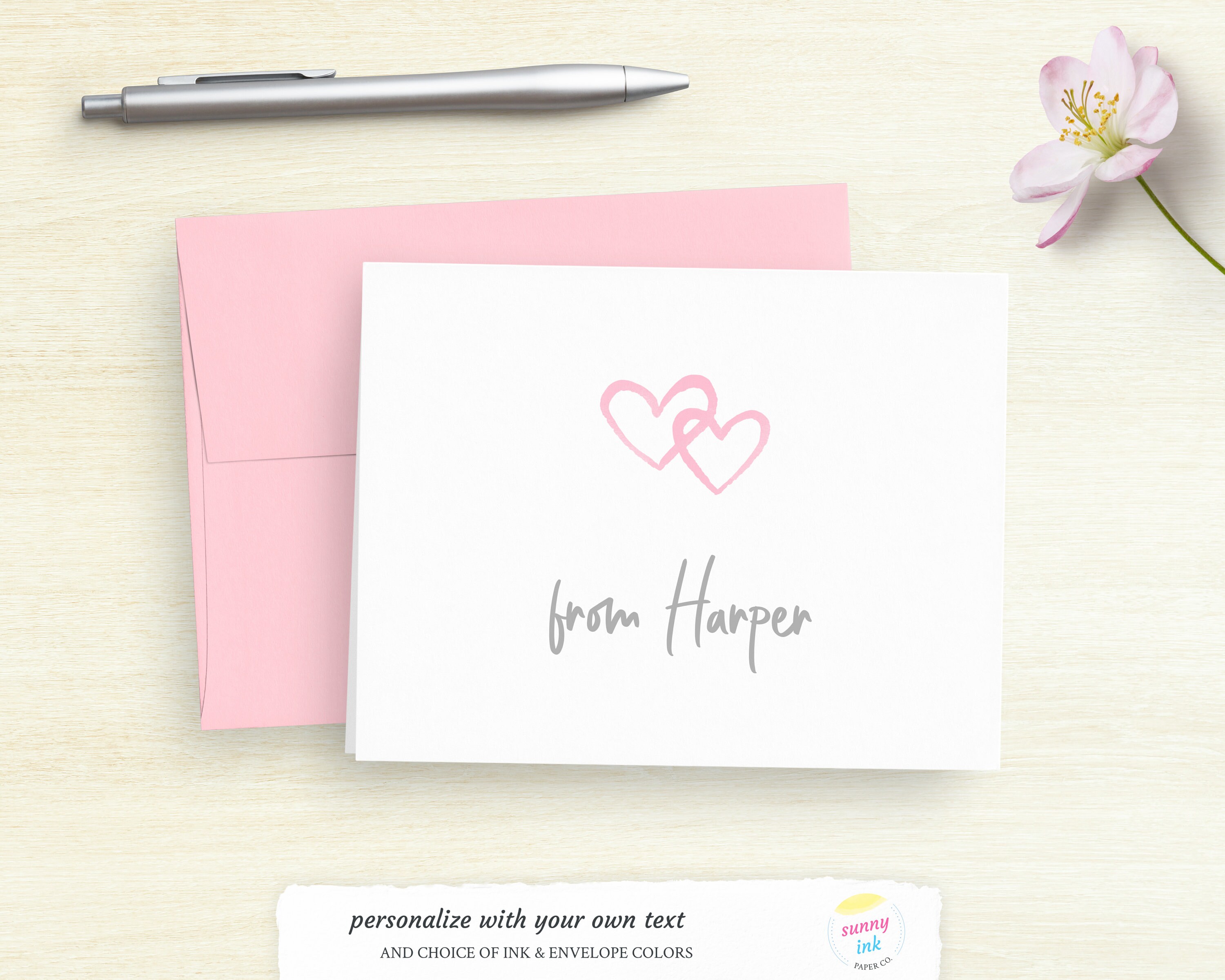 Personalized Note Card Set - Girl's Lovely Heart Folded Note Cards ...
