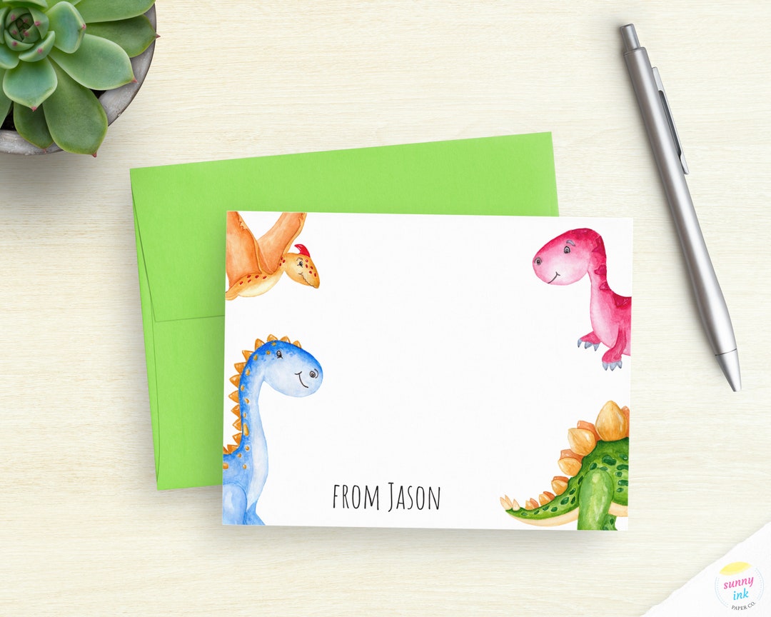 Personalized Dinosaur Stationery Cards - Dino Note Cards - Custom Flat ...