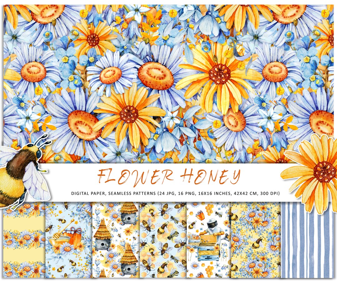 Flower Honey Digital Paper, Set Seamless Patterns Meadow Flowers and ...