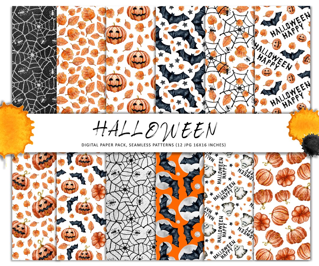 Halloween Digital Paper. Watercolor Set, Pumpkin, Mouse, Ghost, Leaves ...
