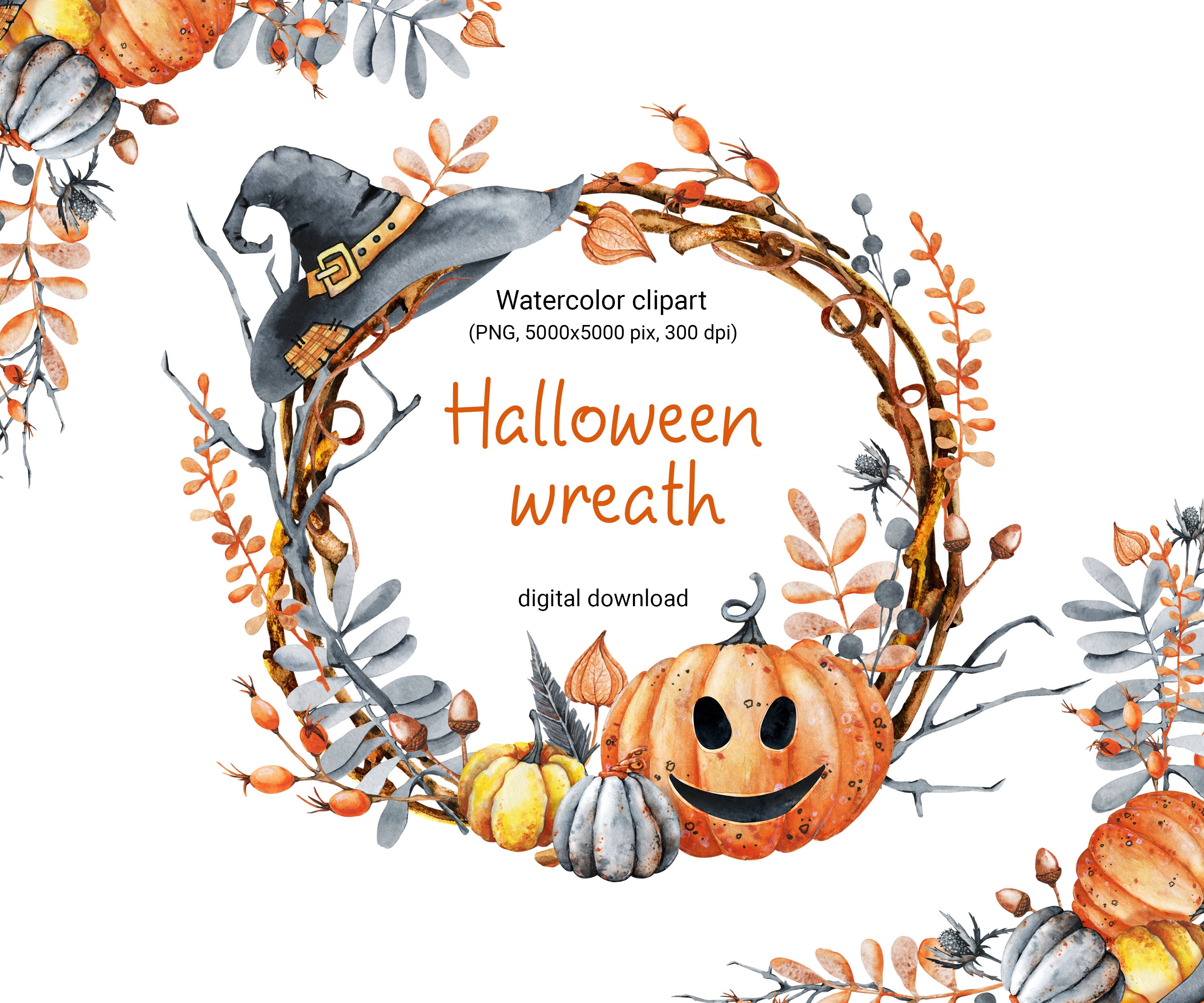 Watercolor Halloween Wreath, Round Frame With PNG Pumpkins, Fallen ...