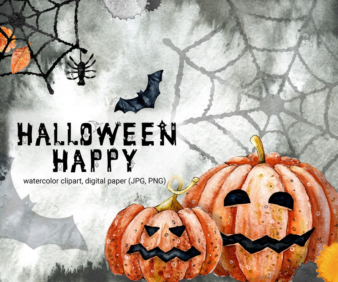 Halloween Clipart and Digital Paper. Watercolor Illustrations, Seamless ...