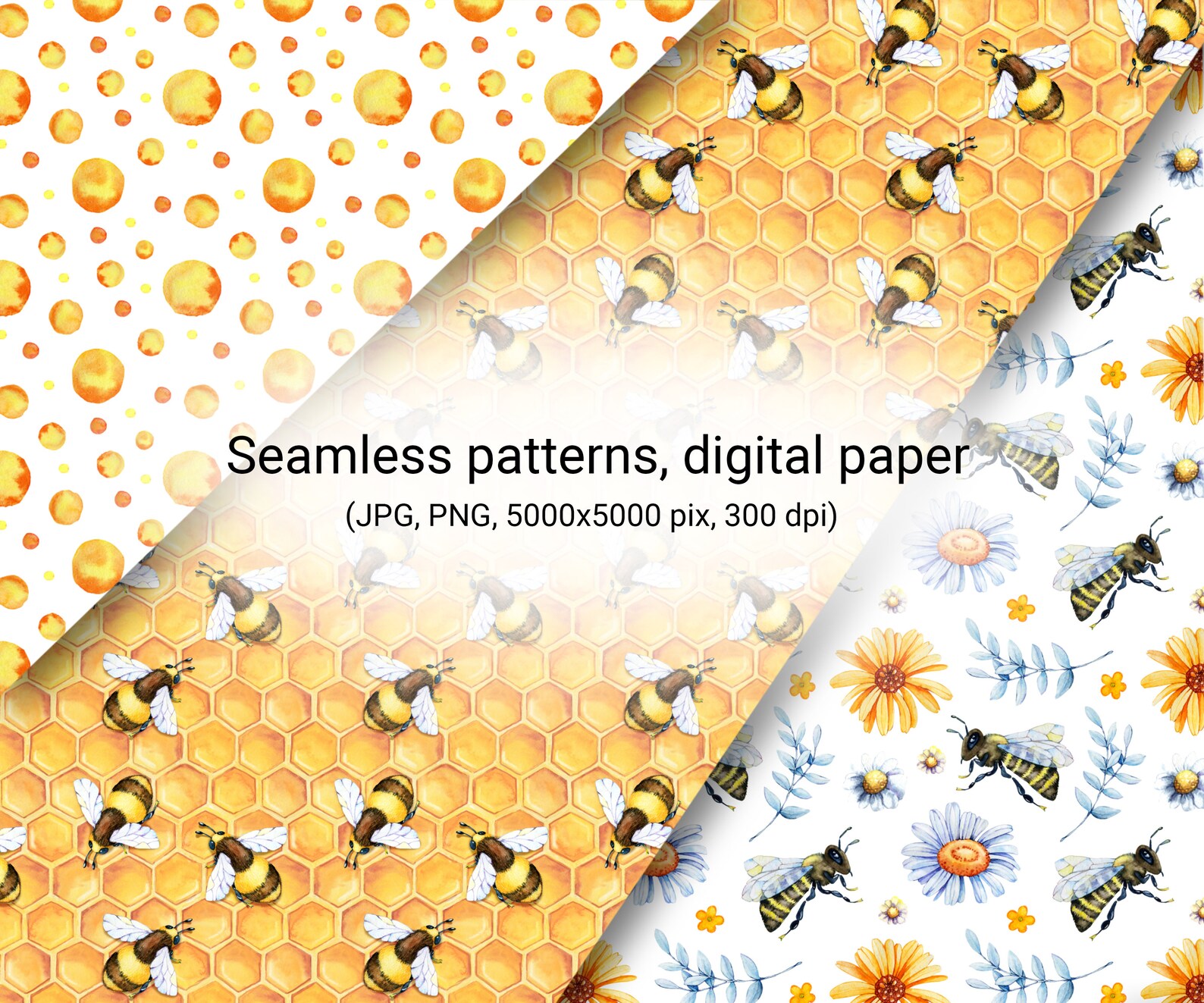 Honey Bee Digital Paper Set Seamless Patterns Meadow Grasses - Etsy