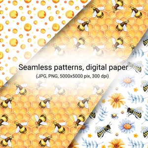 Honey Bee Digital Paper, Set Seamless Patterns Meadow Grasses and ...