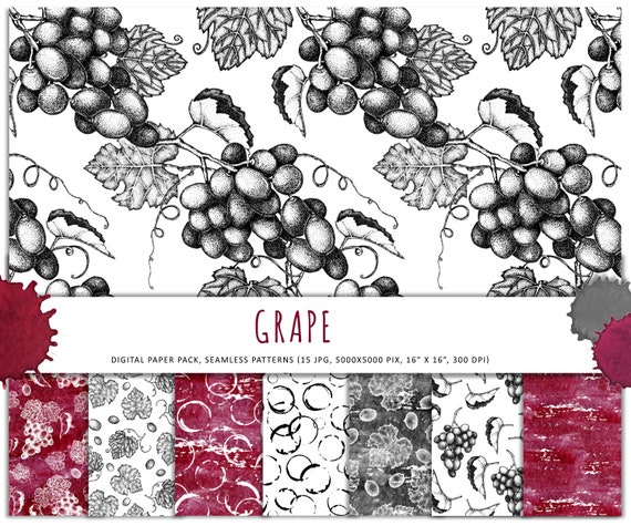 Bunch of grapes digital paper seamless patterns vine Graphic | Etsy