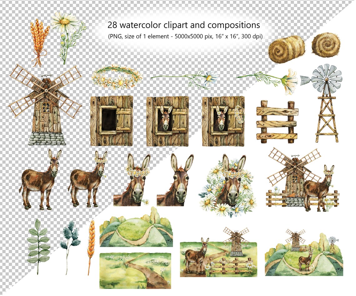 Donkey and Windmill Clipart Watercolor Sublimation Windpump - Etsy