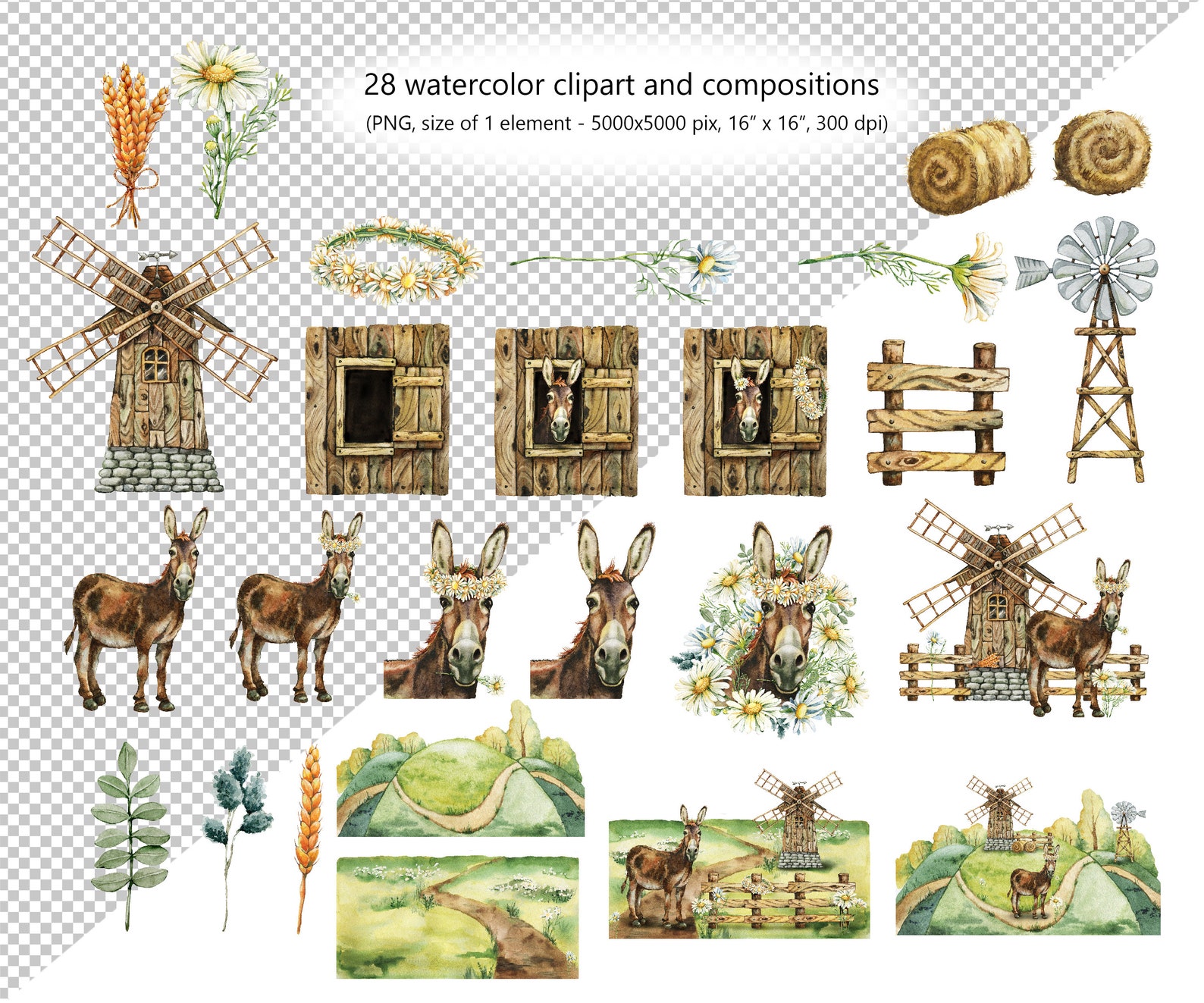 Donkey and Windmill Clipart Watercolor Sublimation Wind Pump - Etsy
