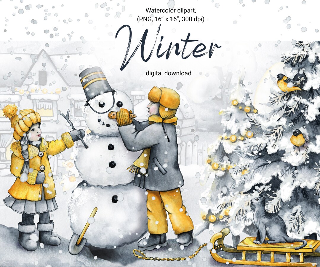 Winter Clipart Children Making a Snowman Christmas - Etsy Australia